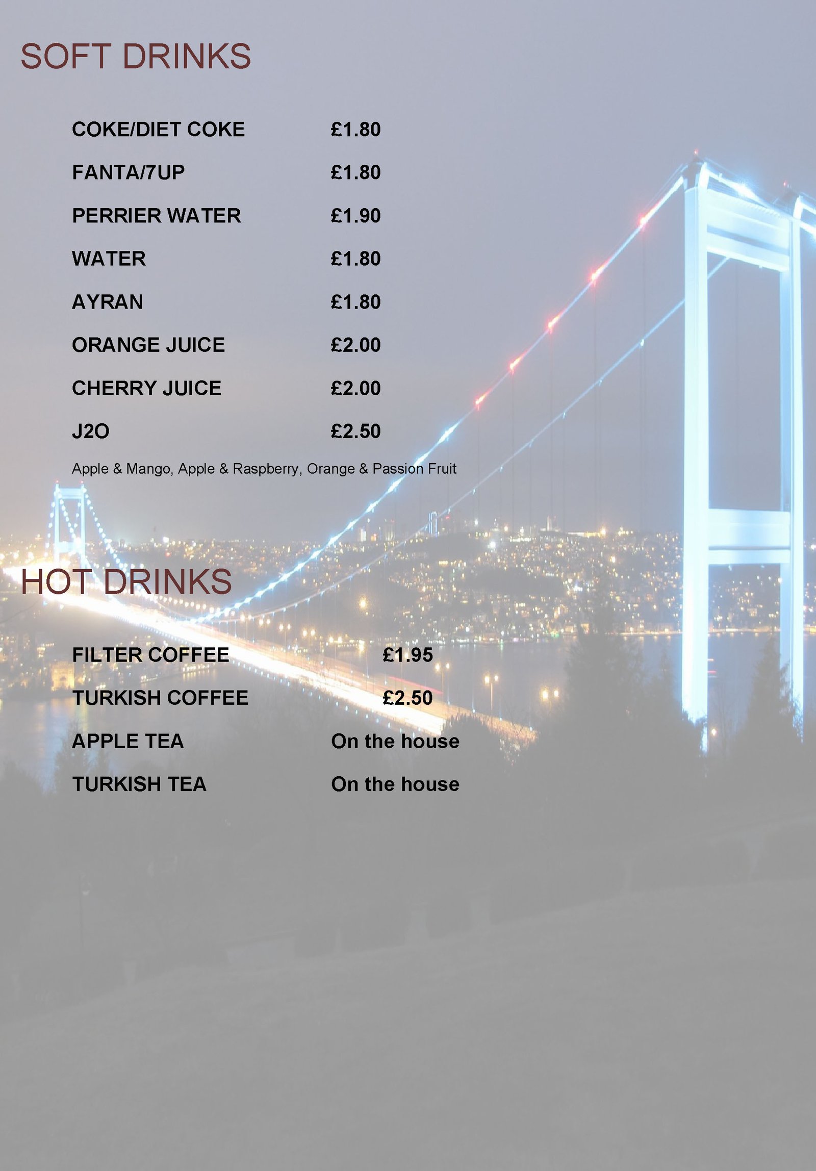 Soft Drinks - Istanbul Turkish Restaurant - Honiton 01404 44334