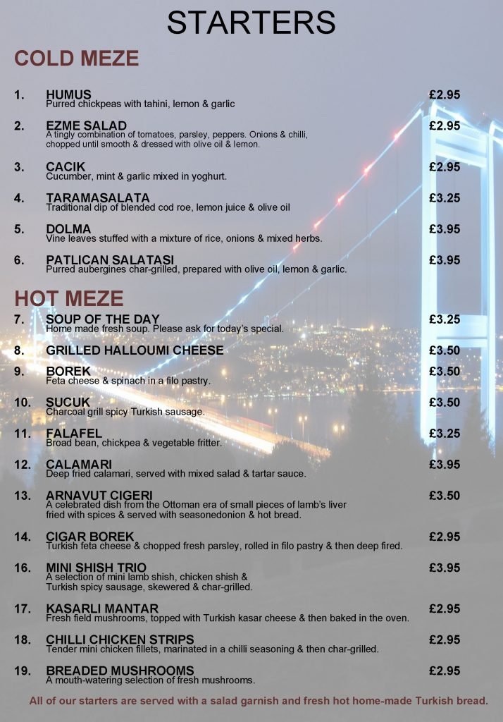 Starters - Istanbul Turkish Restaurant - Honiton 01404 44334